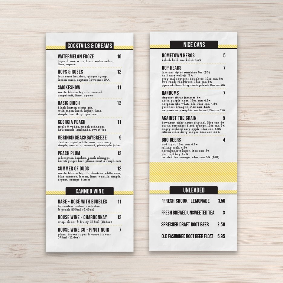 Waterproof Flat Table Menus 6" x 15"