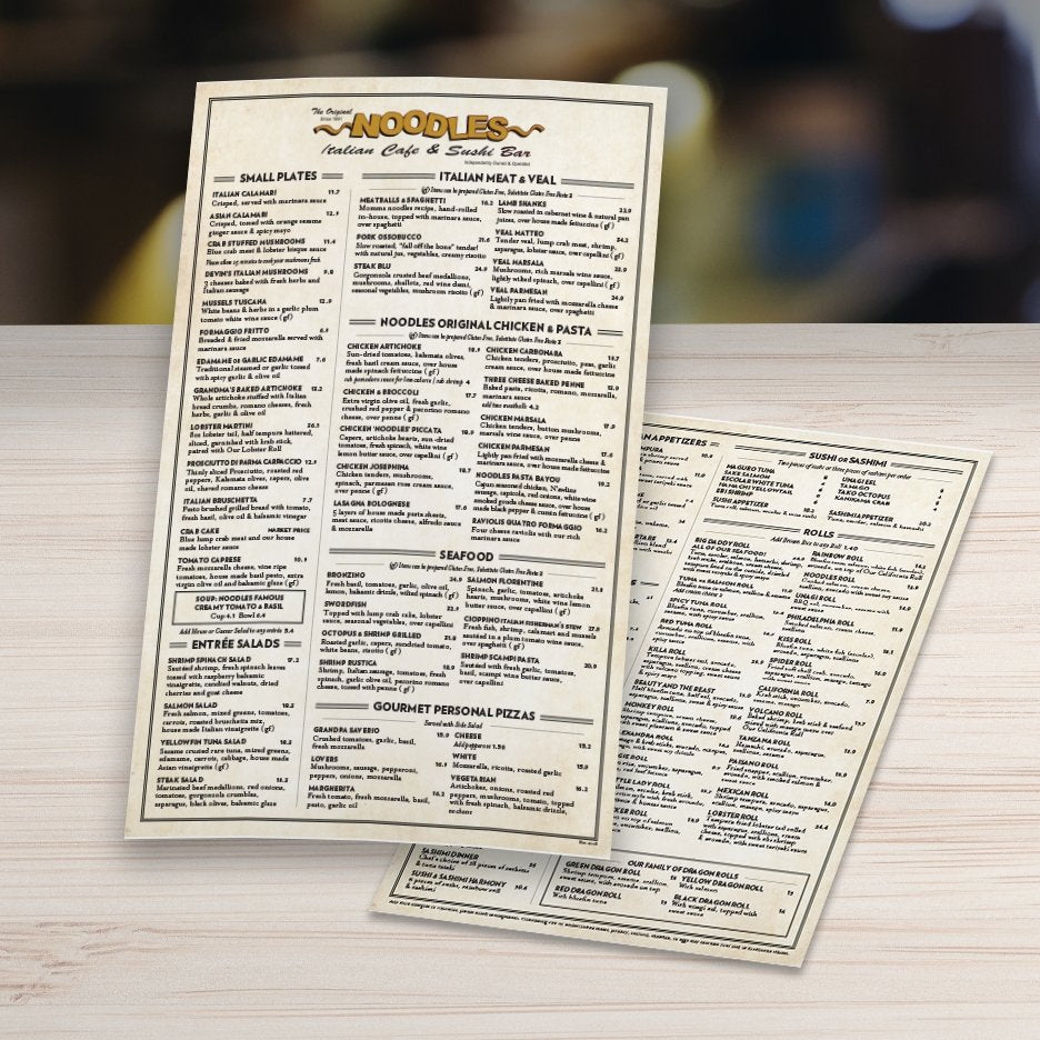 Waterproof Flat Table Menus 12" x 18"